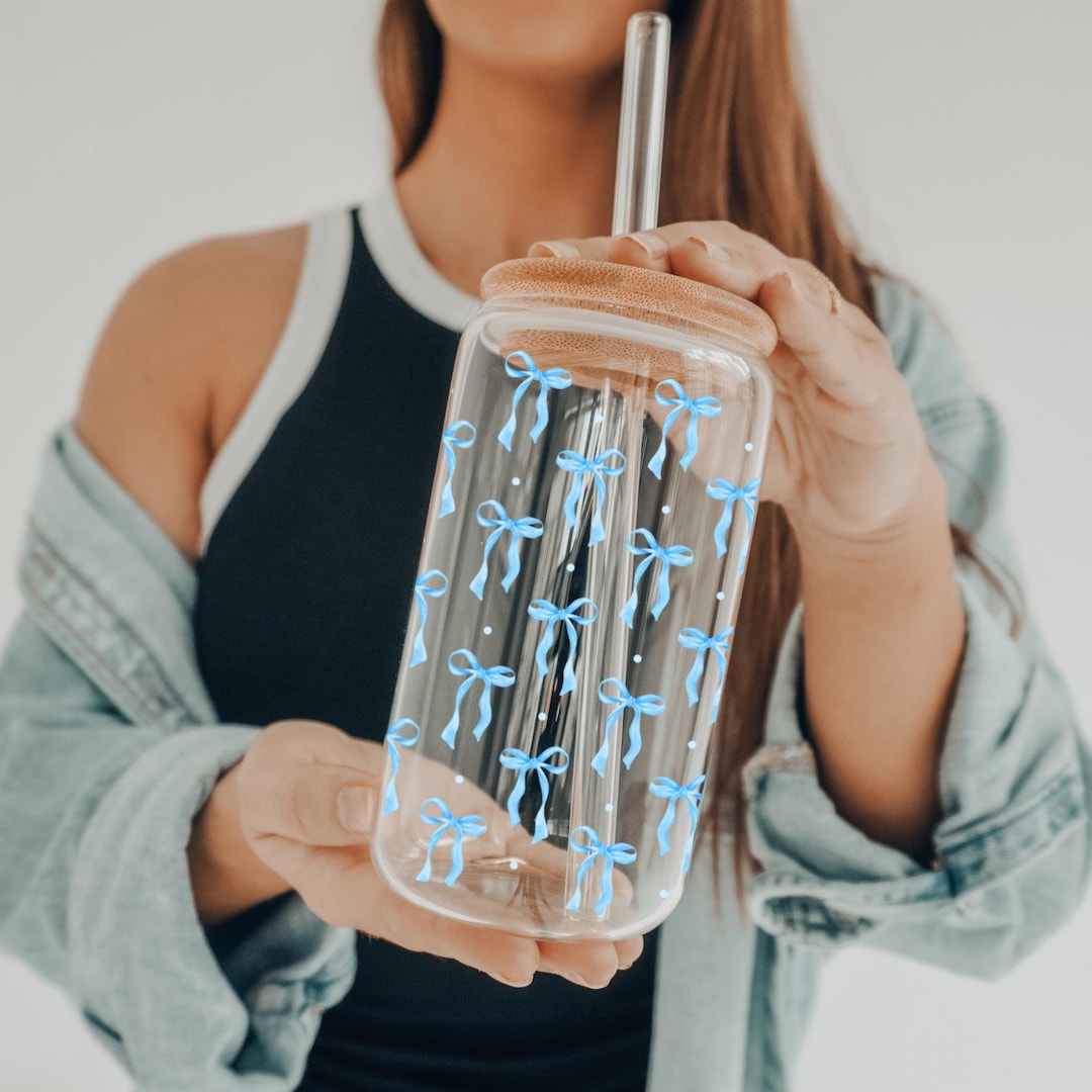 Preppy Tumbler With Lid Coquette Bow Iced Coffee Glass Cup With Straw ...