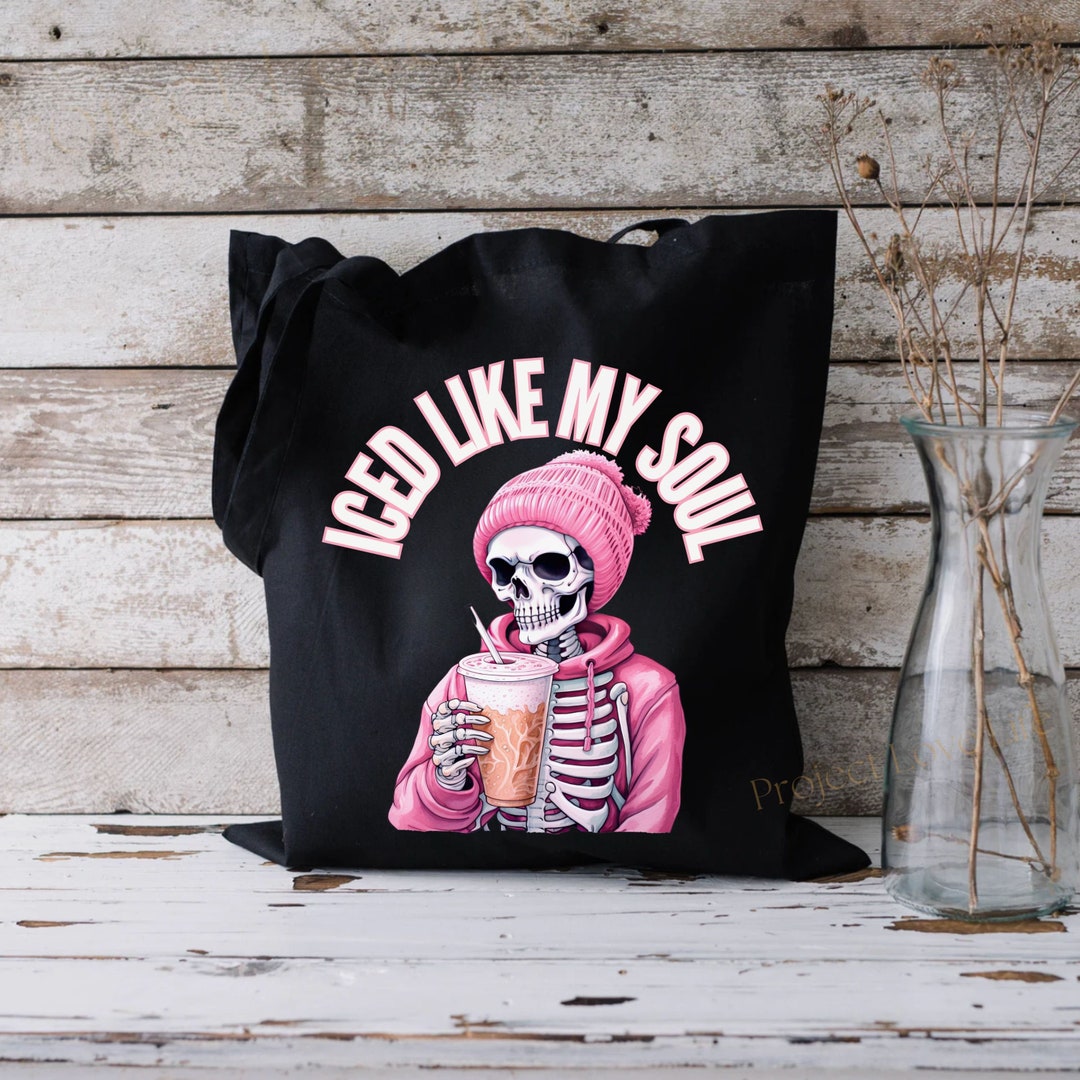 Iced Coffee Tote Bag Pink Skeleton Aesthetic Library Bag Coffee Lover ...