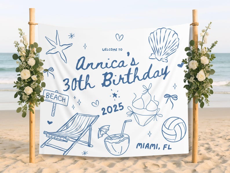 Custom 30th Beach Theme Birthday Banner Sign, Thirties Party Wall ...