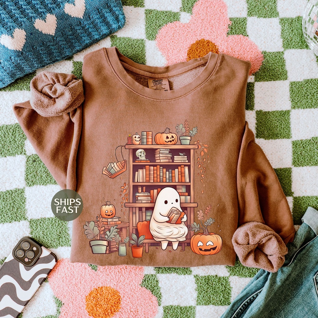 Cottagecore Library Sweatshirt Bookish Ghost Sweater Oversized Bookworm ...