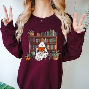 Bookish Ghost Sweater Spooky Library Shirt for Book Lover Reading ...