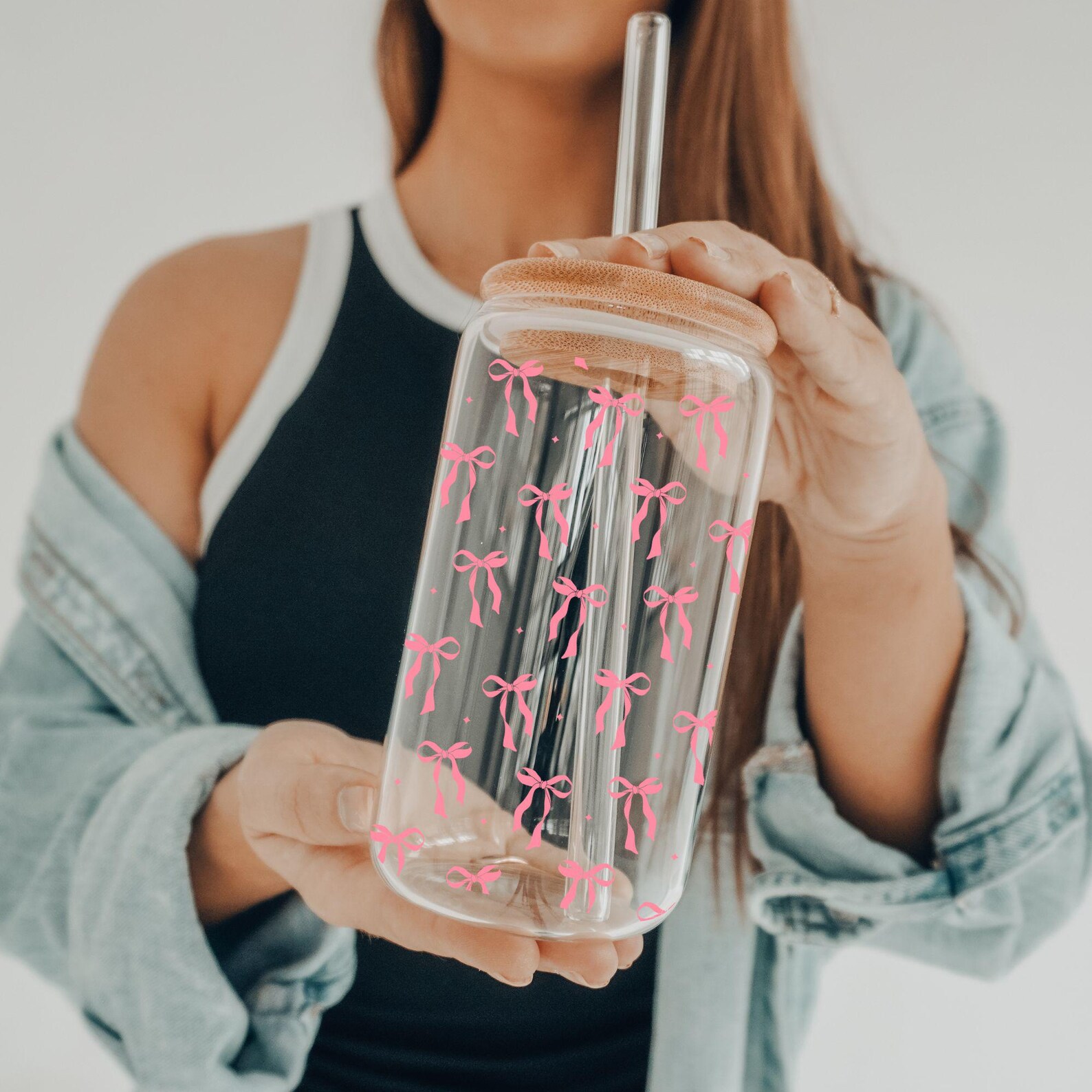 Pink Coquette Bow Iced Coffee Tumbler Glass Cup Preppy Gift for Iced ...