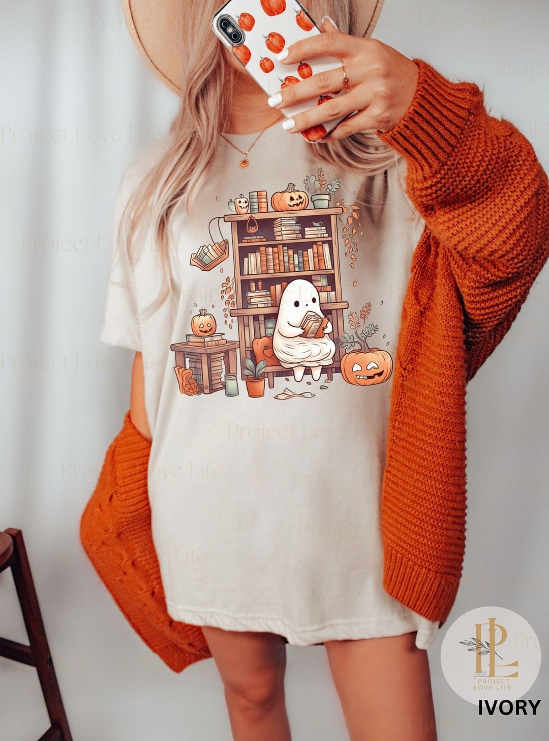 Pumpkin Ghost Shirt Teacher Library Oversized T-shirt Halloween Gift ...