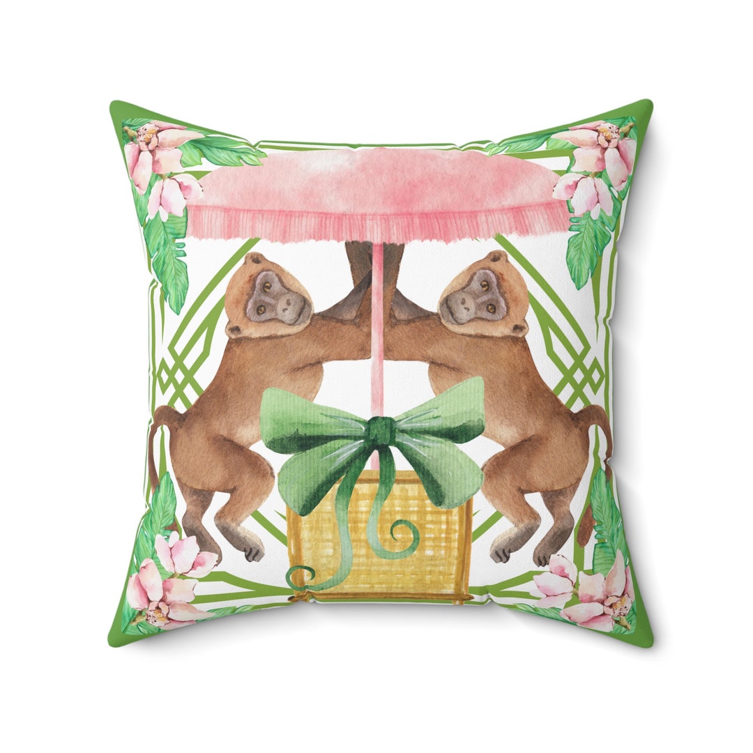 Preppy Monkey Pair Under Umbrella Polyester Square Pillow, Monkey ...