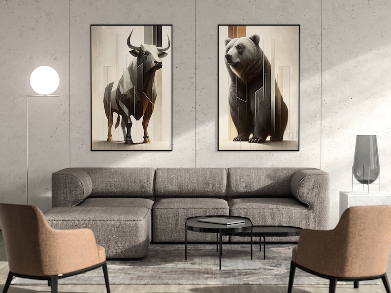 Bull & Bear Cream Digital Prints, Stock Market Art Perfect for Man Cave ...
