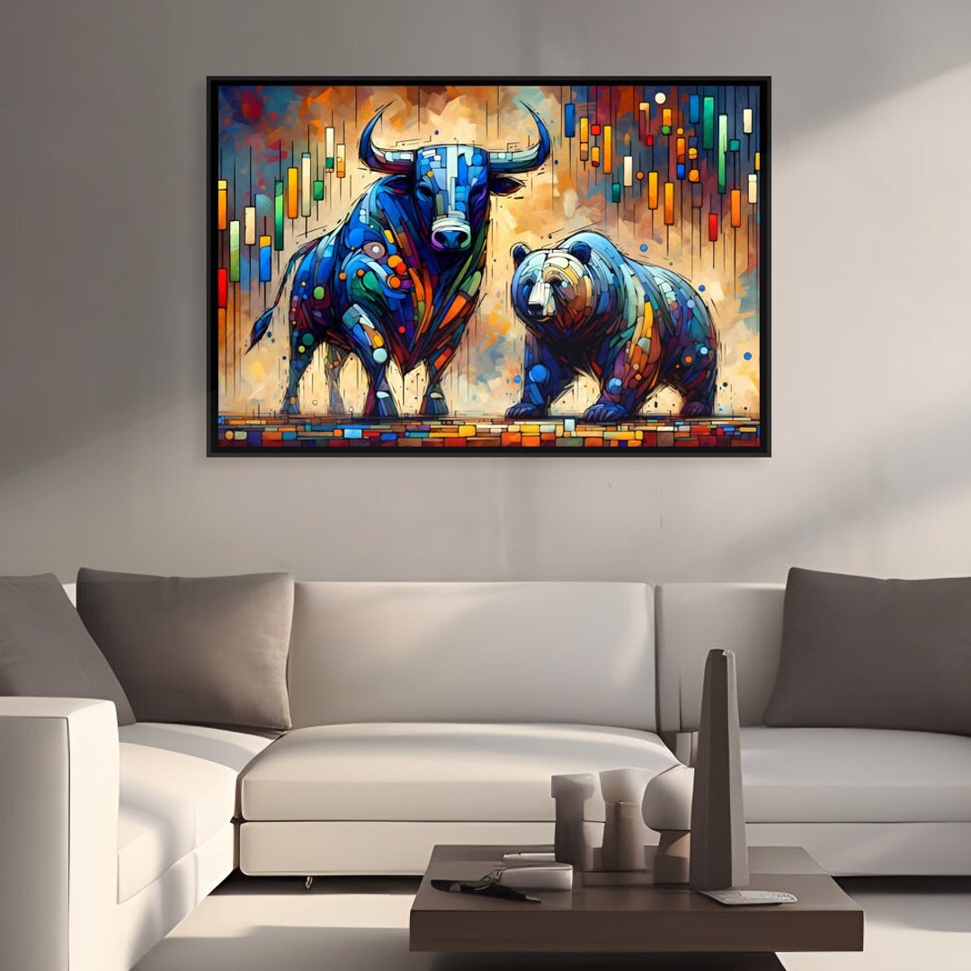 Colorful Wall Street Wall Art With a Bull Vs Bear Crypto - Etsy