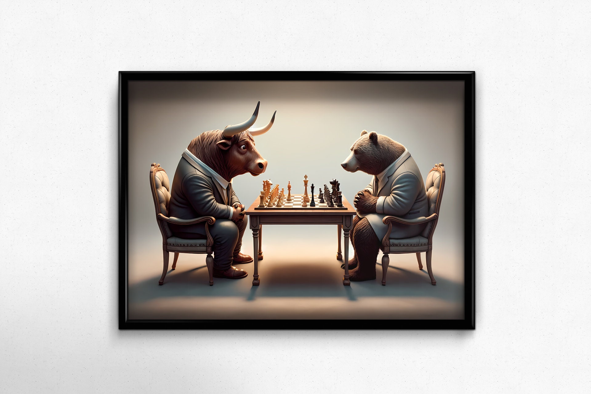 Bull and Bear Playing Chess Match Digital Art Print, Stock Market Wall ...