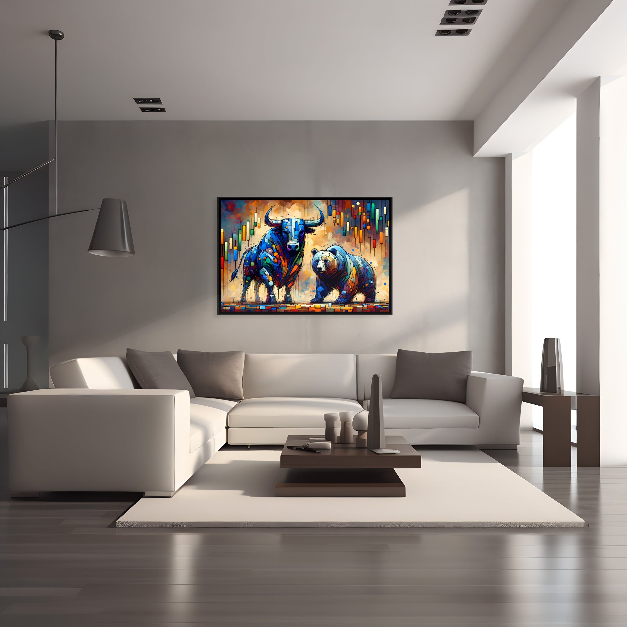 Colorful Wall Street Wall Art With a Bull Vs Bear, Graffiti Wall Art ...