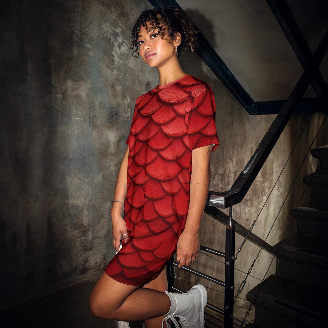 Red Dragon Scales T-shirt Dress, Casual Red Dragon Scales Dress - Etsy