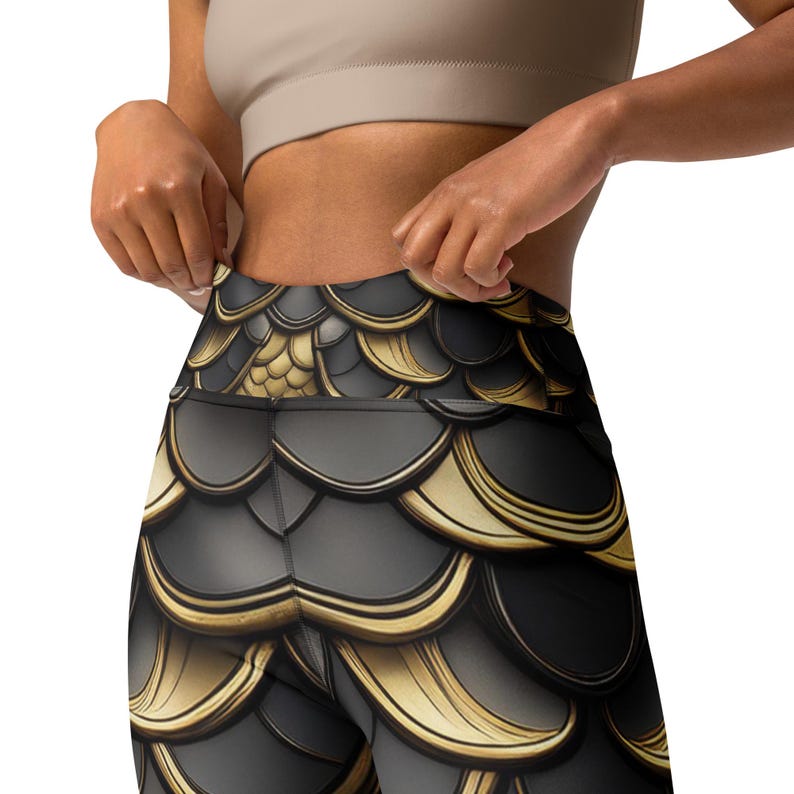 Black and Gold Dragon Scales High Waist Yoga Leggings, Dragon Scale ...