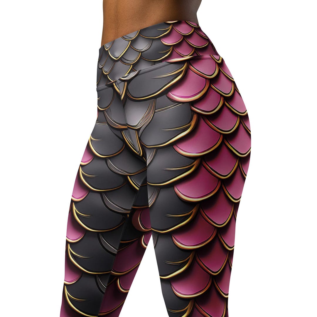 Pink and Black Dragon Scales High Waist Yoga Leggings, Dragon Patterned ...