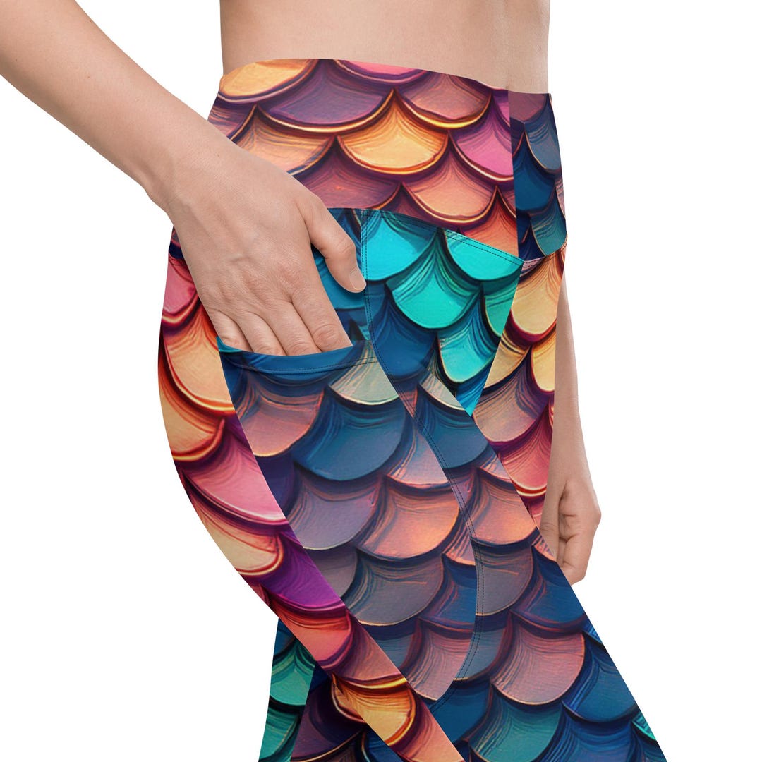 Multi Colored Mermaid Scales Leggings With Pockets, Mermaid Pocket Yoga ...