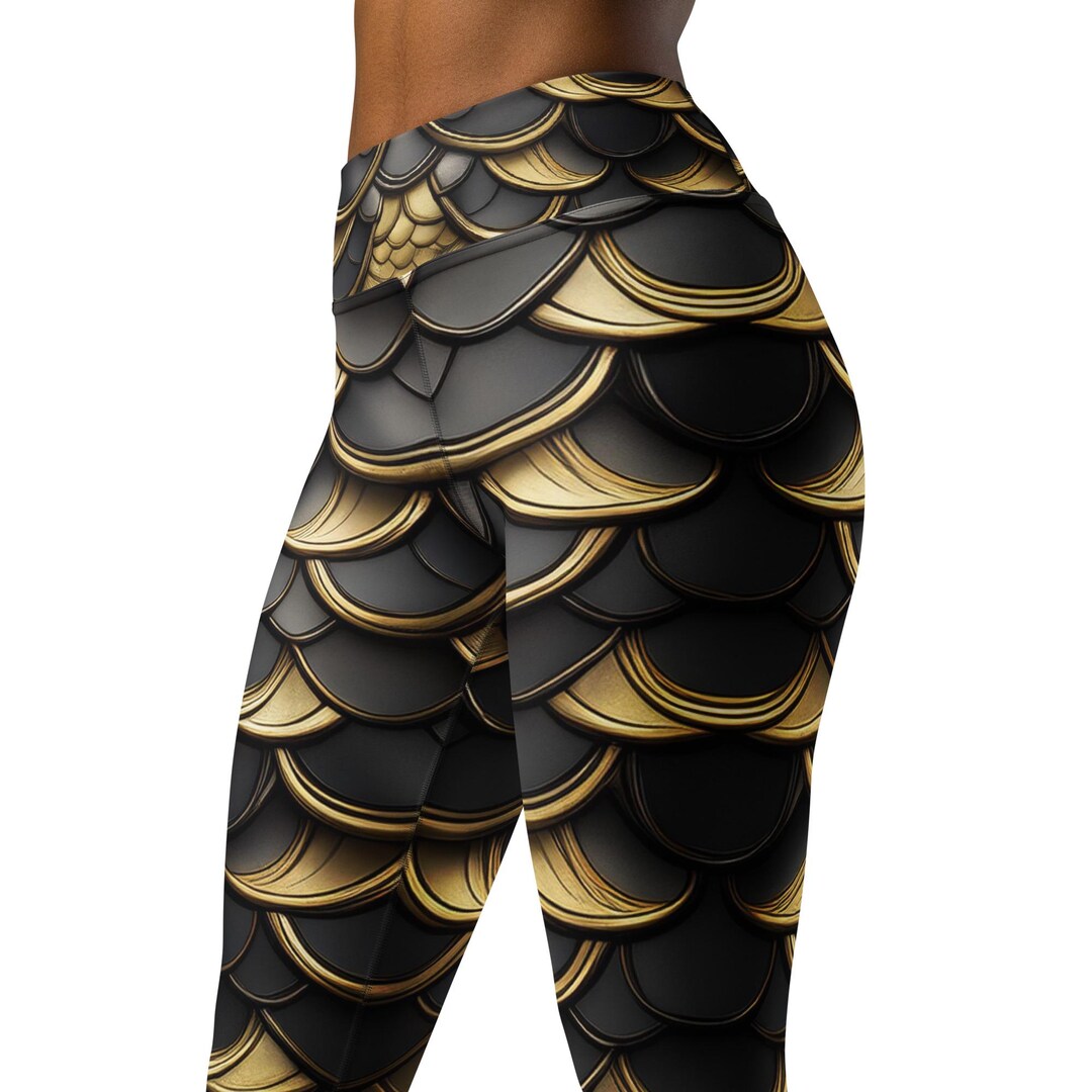 Black and Gold Dragon Scales High Waist Yoga Leggings, Dragon Scale ...