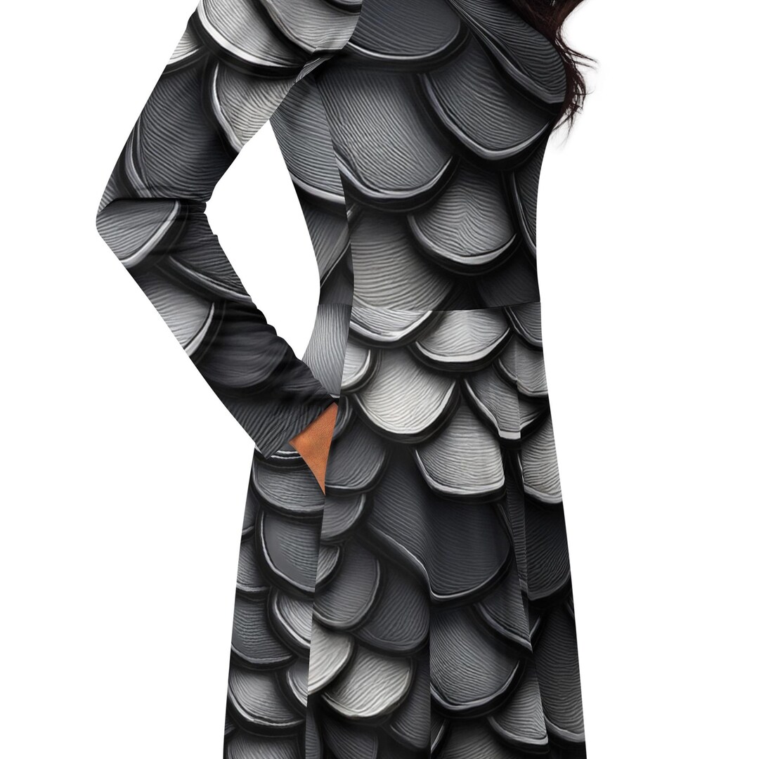Black and Grey Dragon Scales All-over Print Long Sleeve Midi Dress With ...