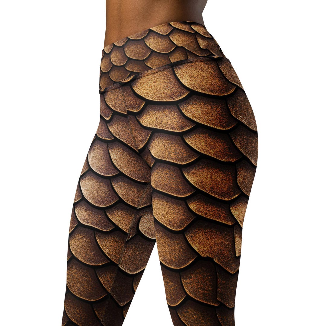 Brown Large Dragon Scales High Waist Yoga Leggings, Dragon Scales Yoga ...