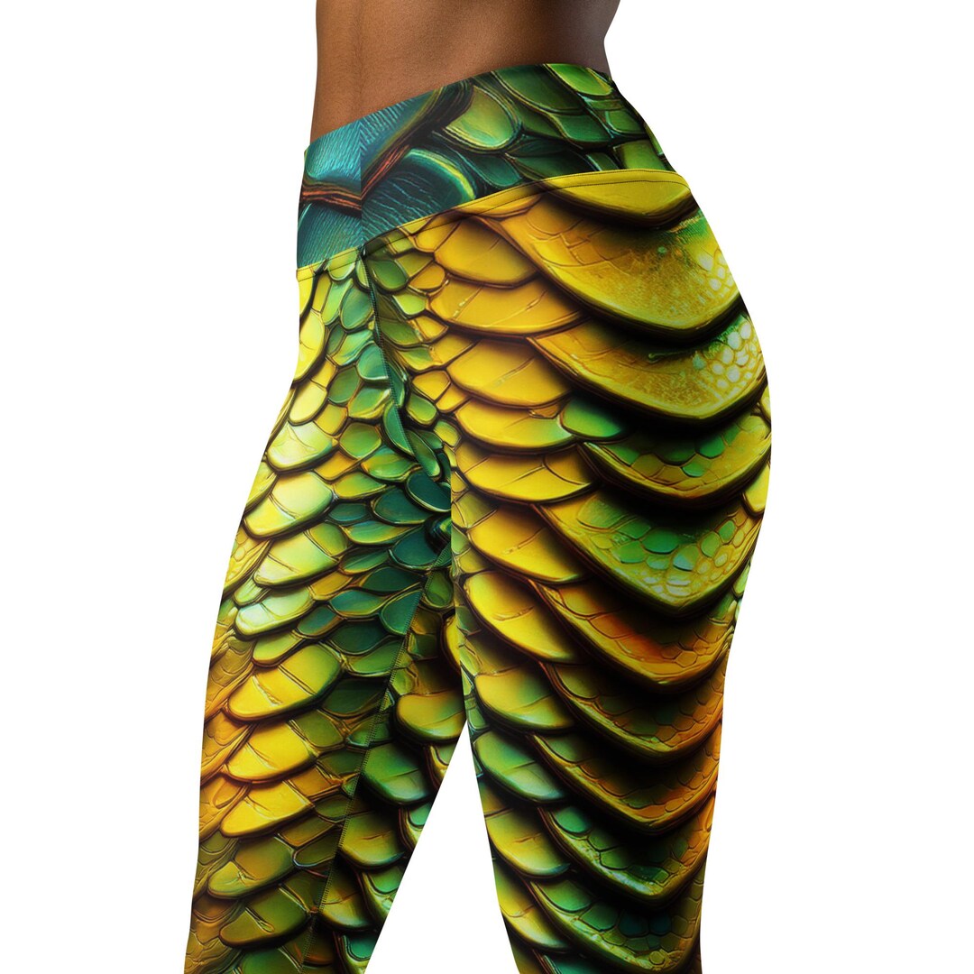 Lizard Skin Green and Yellow High Waist Yoga Leggings, Lizard Skin Yoga ...