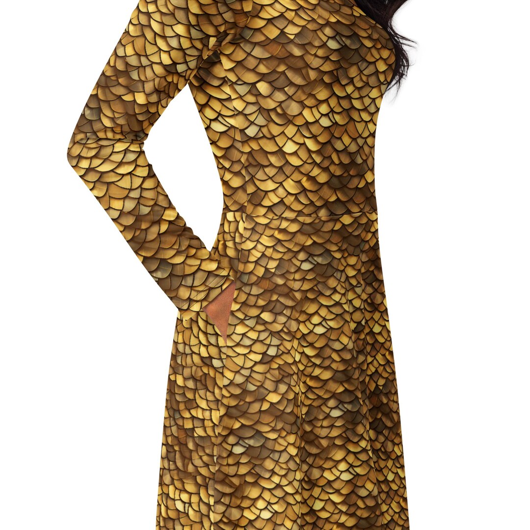 Gold Dragon Scales All-over Print Long Sleeve Midi Dress With Pockets ...