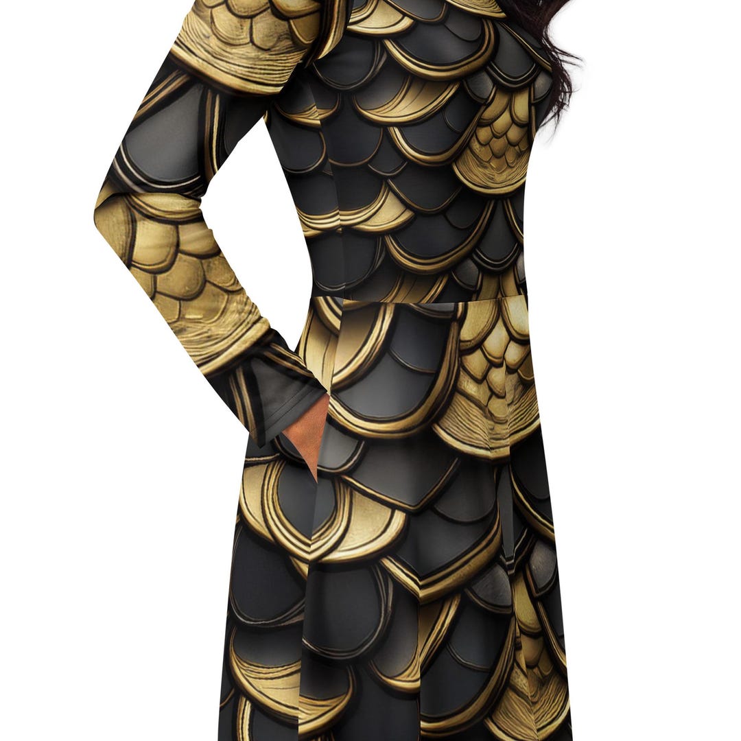 Black and Gold Dragon Scales All-over Print Long Sleeve Midi Dress With ...