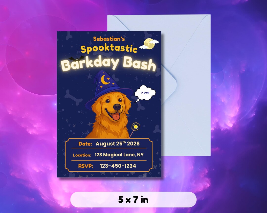Wizard Golden Retriever Birthday Invitation Canva Template - Magical ...