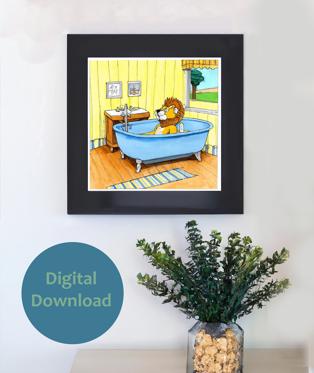 Cartoon Lion Bathtub Funny Bathroom Wall Decor Art Poster Animal Jungle ...