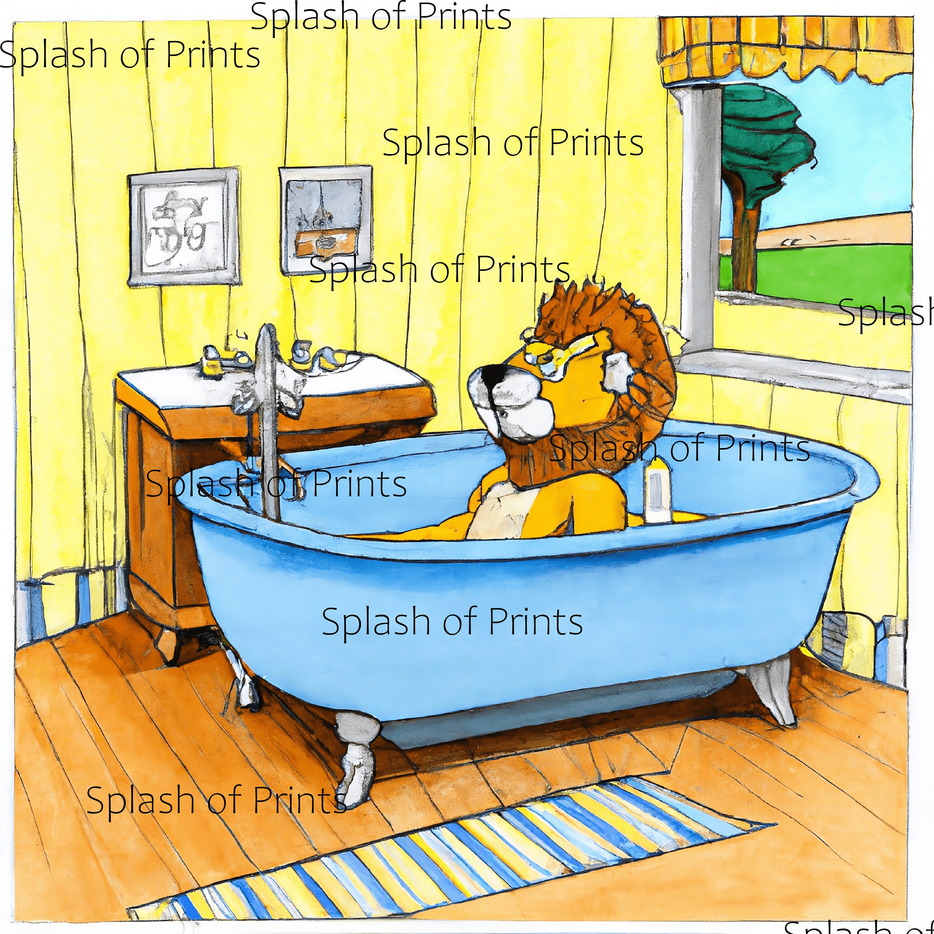 Cartoon Lion Bathtub Funny Bathroom Wall Decor Art Poster Animal Jungle ...