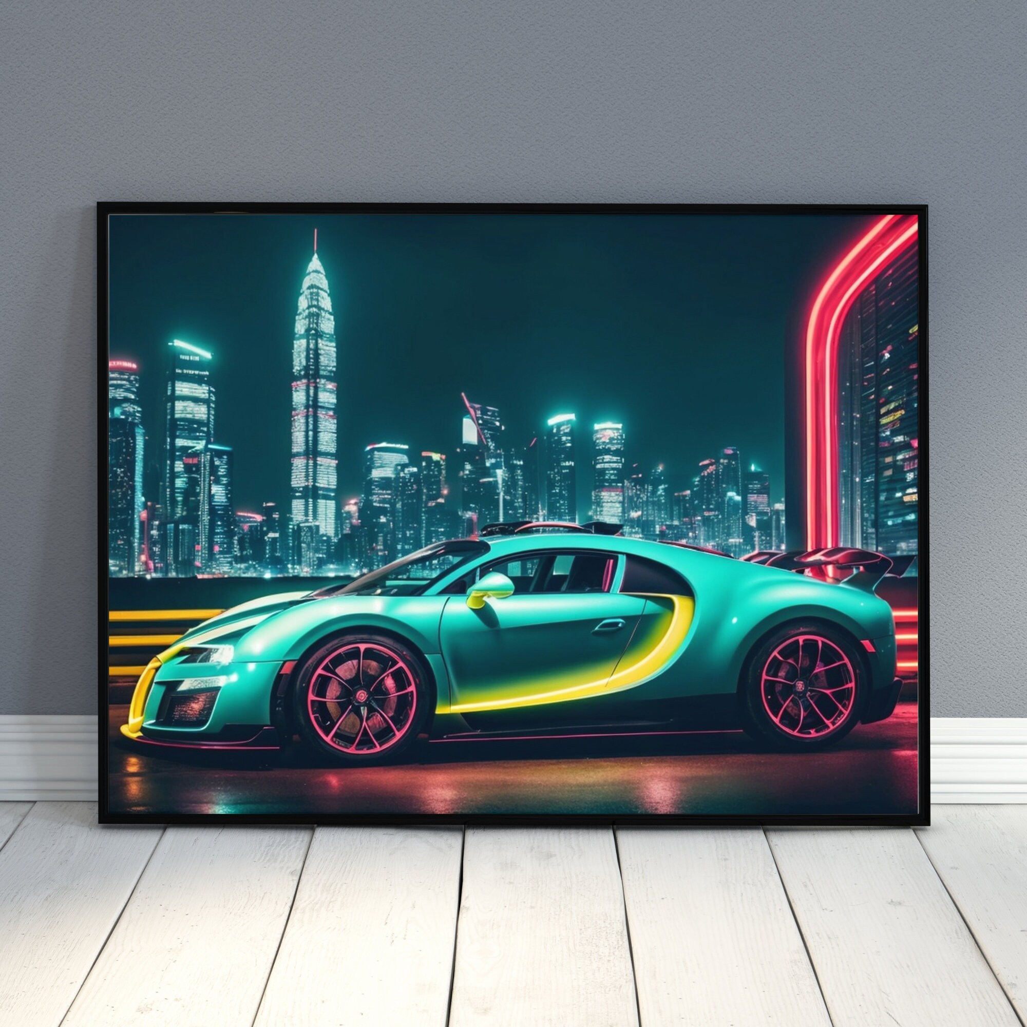 Bugatti Neon Style | Four Digital Downloads | Sports Car | Wall Art ...