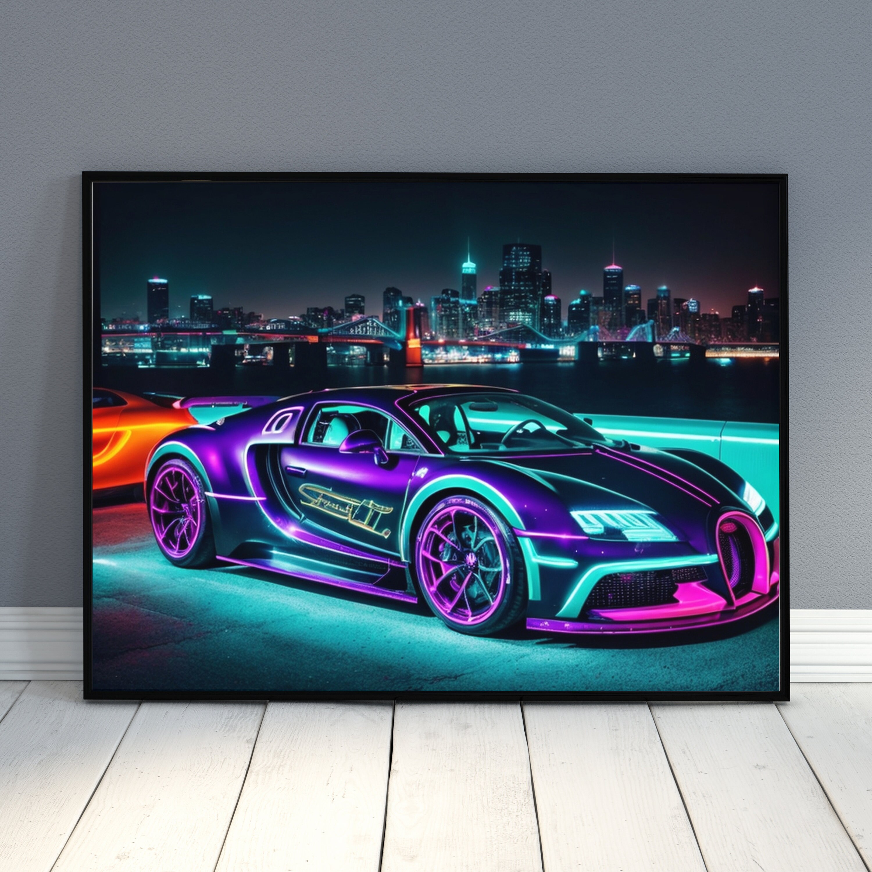 Bugatti Neon Style Four Digital Downloads | Sports Car | Wall Art ...