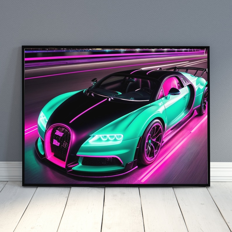 Bugatti Neon Style Four Digital Downloads | Sports Car | Wall Art ...