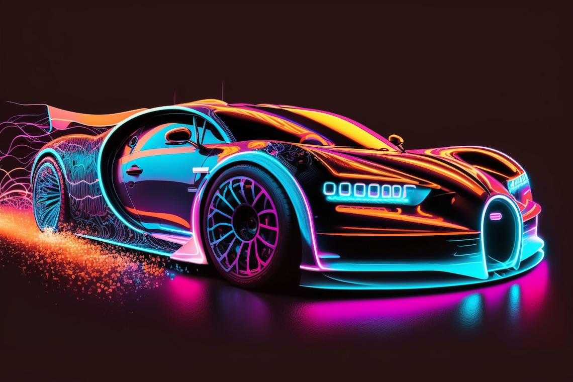 Bugatti Neon Style | Digital Downloads | Sports Car | Wall Art | Home ...