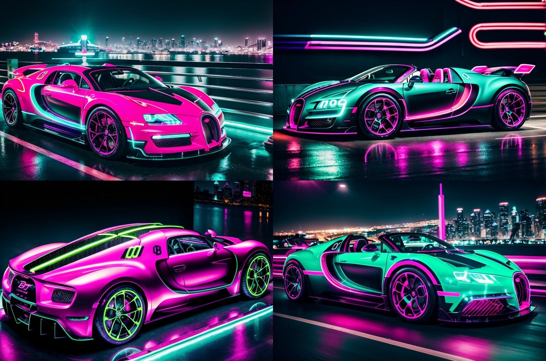 Bugatti Neon Style | Four Digital Downloads | Sports Car | Wall Art ...