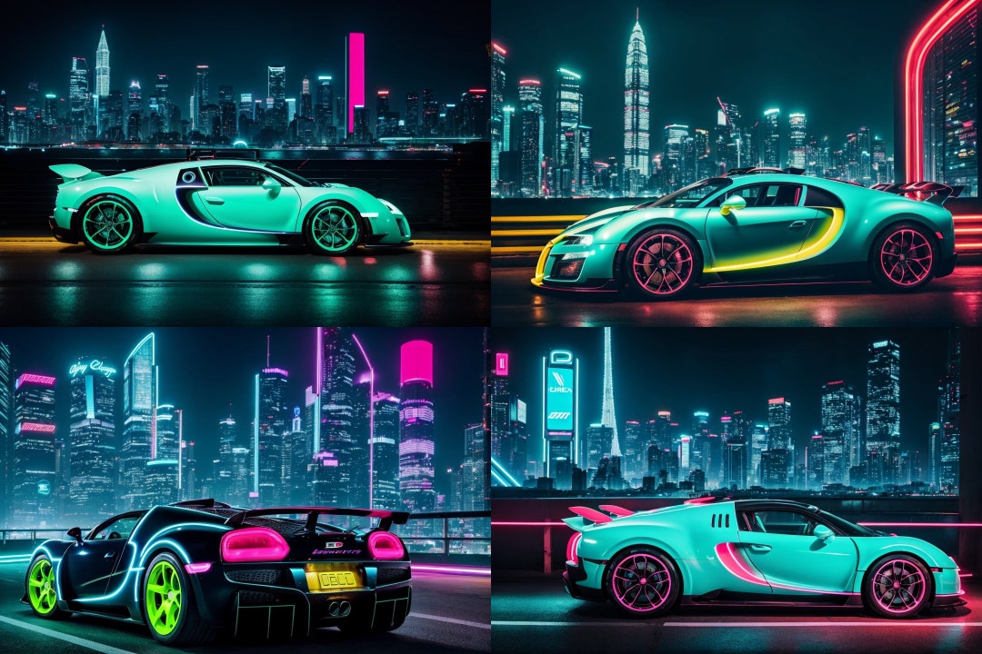 Bugatti Neon Style | Four Digital Downloads | Sports Car | Wall Art ...