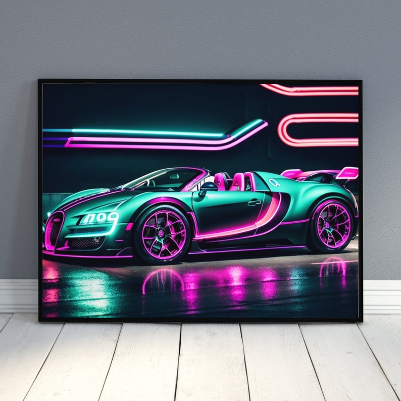 Bugatti Neon Style | Four Digital Downloads | Sports Car | Wall Art ...