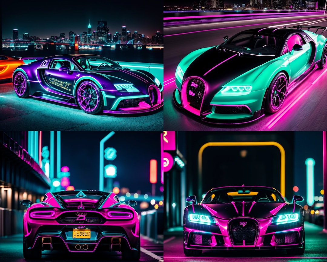 Bugatti Neon Style Four Digital Downloads | Sports Car | Wall Art ...