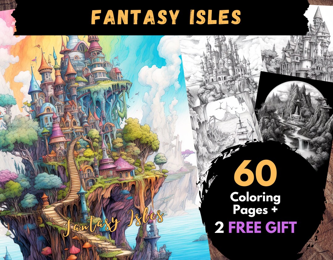 60 Fantasy Isles Coloring Pages, Adults Kids Digital Coloring Sheets ...