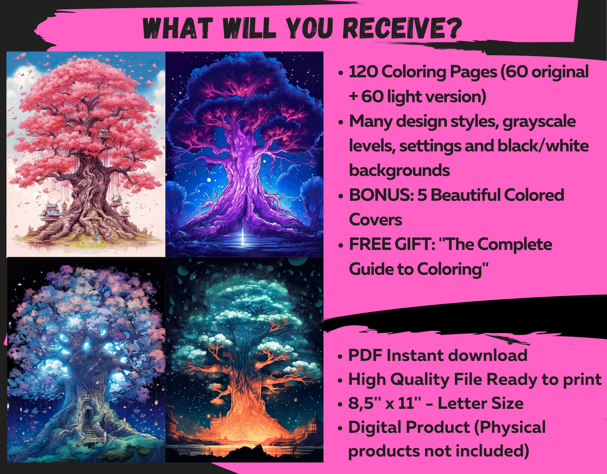 60 Fairy Giant Tree Coloring Pages, Adults Kids Digital Coloring Sheets ...