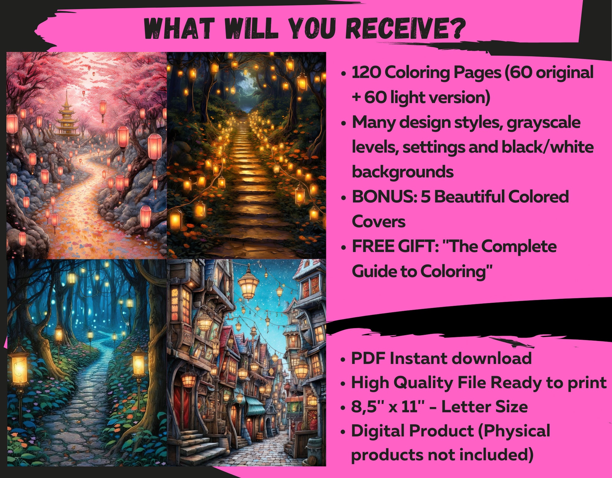 60 Magic Lantern Lit Paths Coloring Pages, Adults Kids Digital Coloring ...