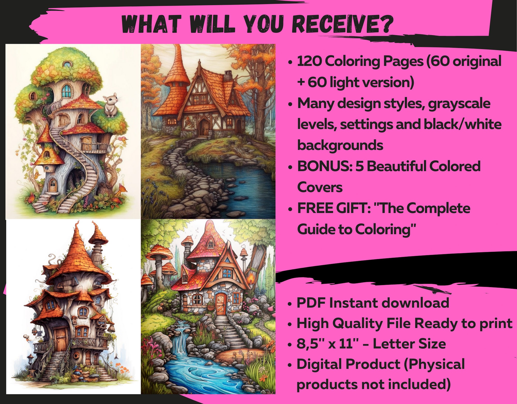 60 Country Fairy Houses Coloring Page, Adults Kids Digital Coloring ...