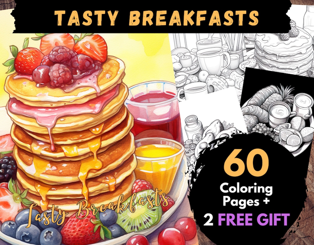 60 Tasty Breakfasts Coloring Pages, Adults Kids Digital Coloring Sheets ...