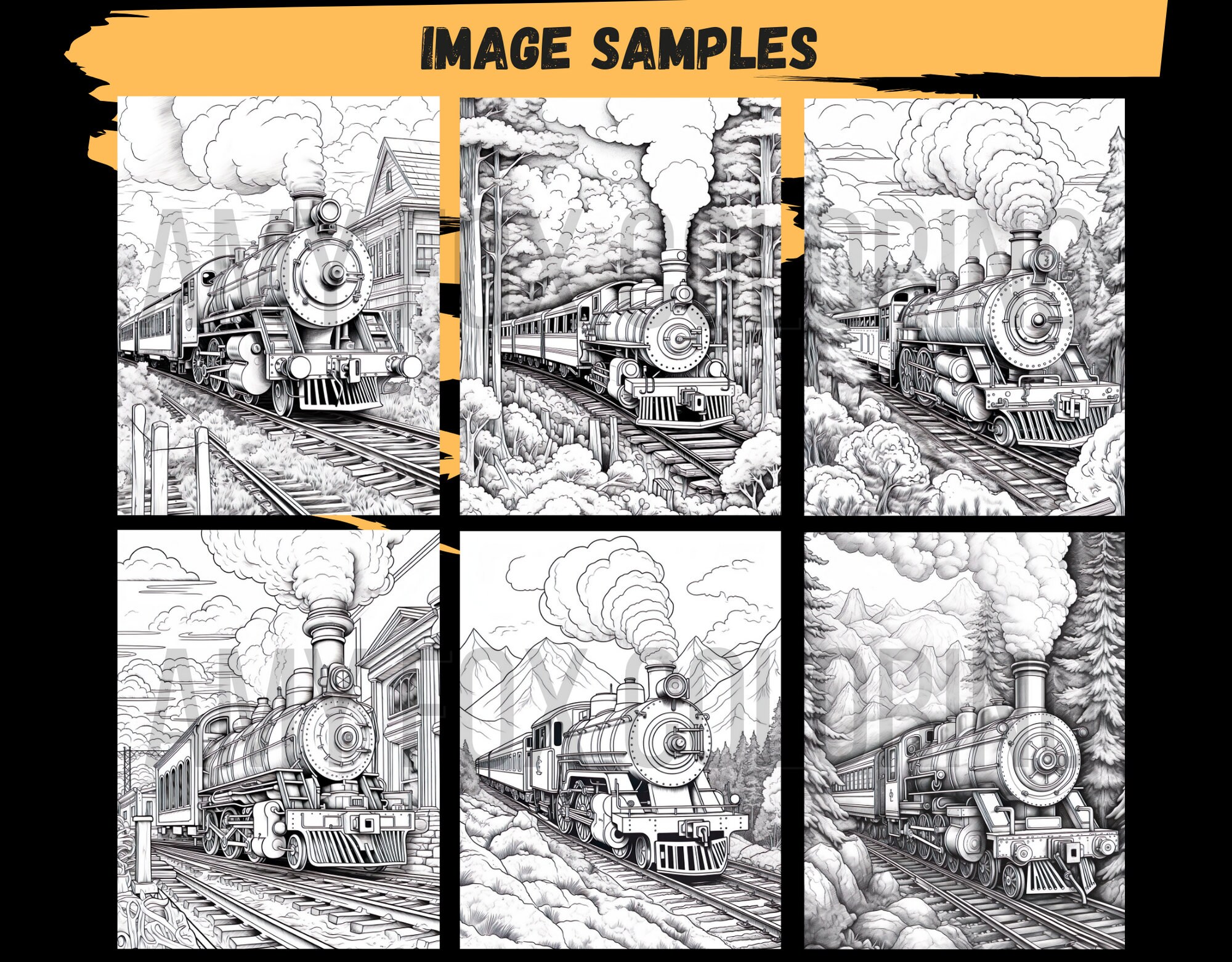 60 Steam Trains Coloring Pages, Adults Kids Digital Coloring Sheets ...