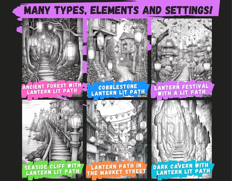 60 Magic Lantern Lit Paths Coloring Pages, Adults Kids Digital Coloring ...