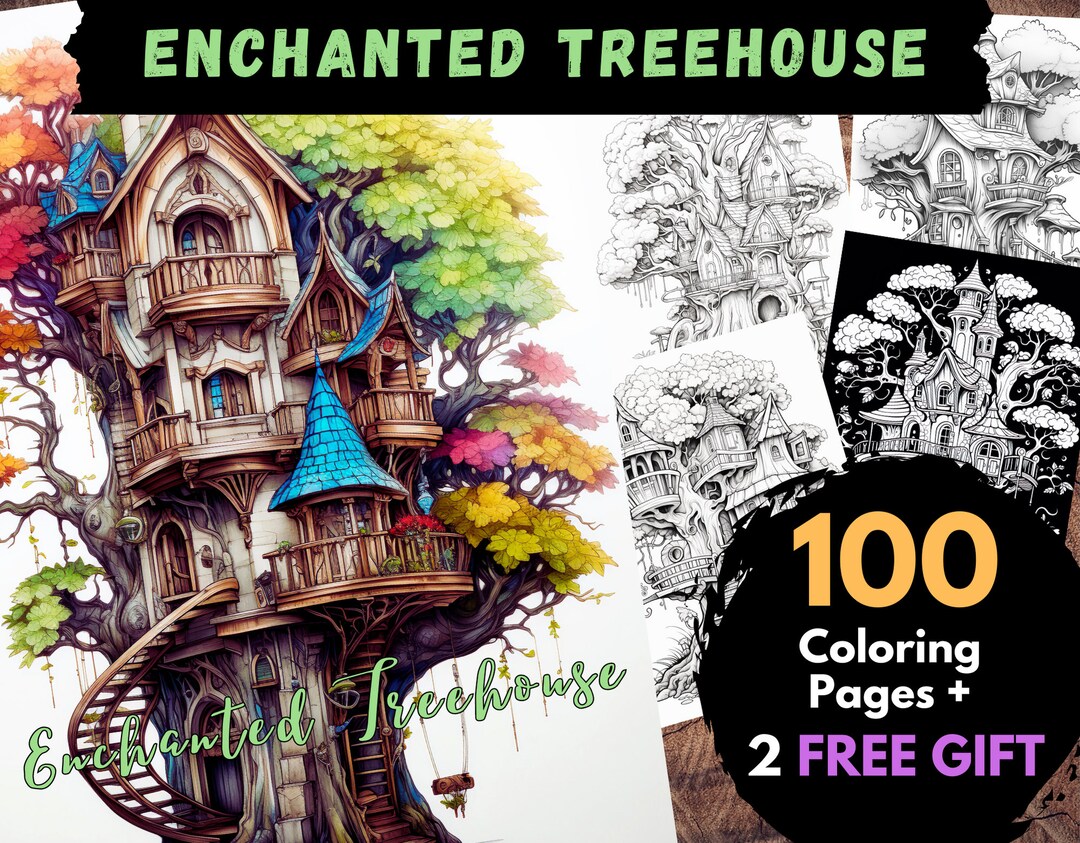 100 Enchanted Treehouse Coloring Pages, Adults Kids Digital Coloring ...