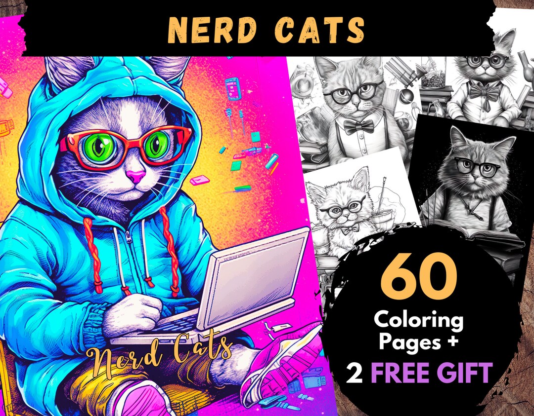 60 Nerd Cats Coloring Pages, Adults Kids Digital Coloring Sheets ...