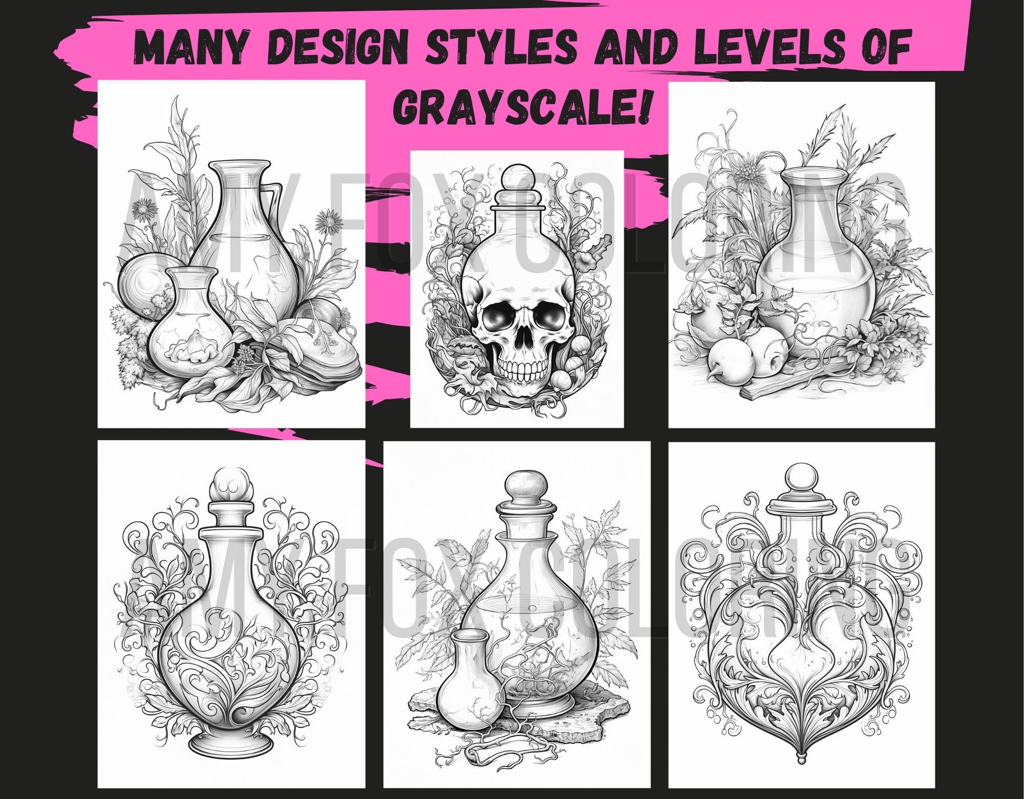 60 Magic Potions Coloring Page, Adults Kids Digital Coloring Sheets ...