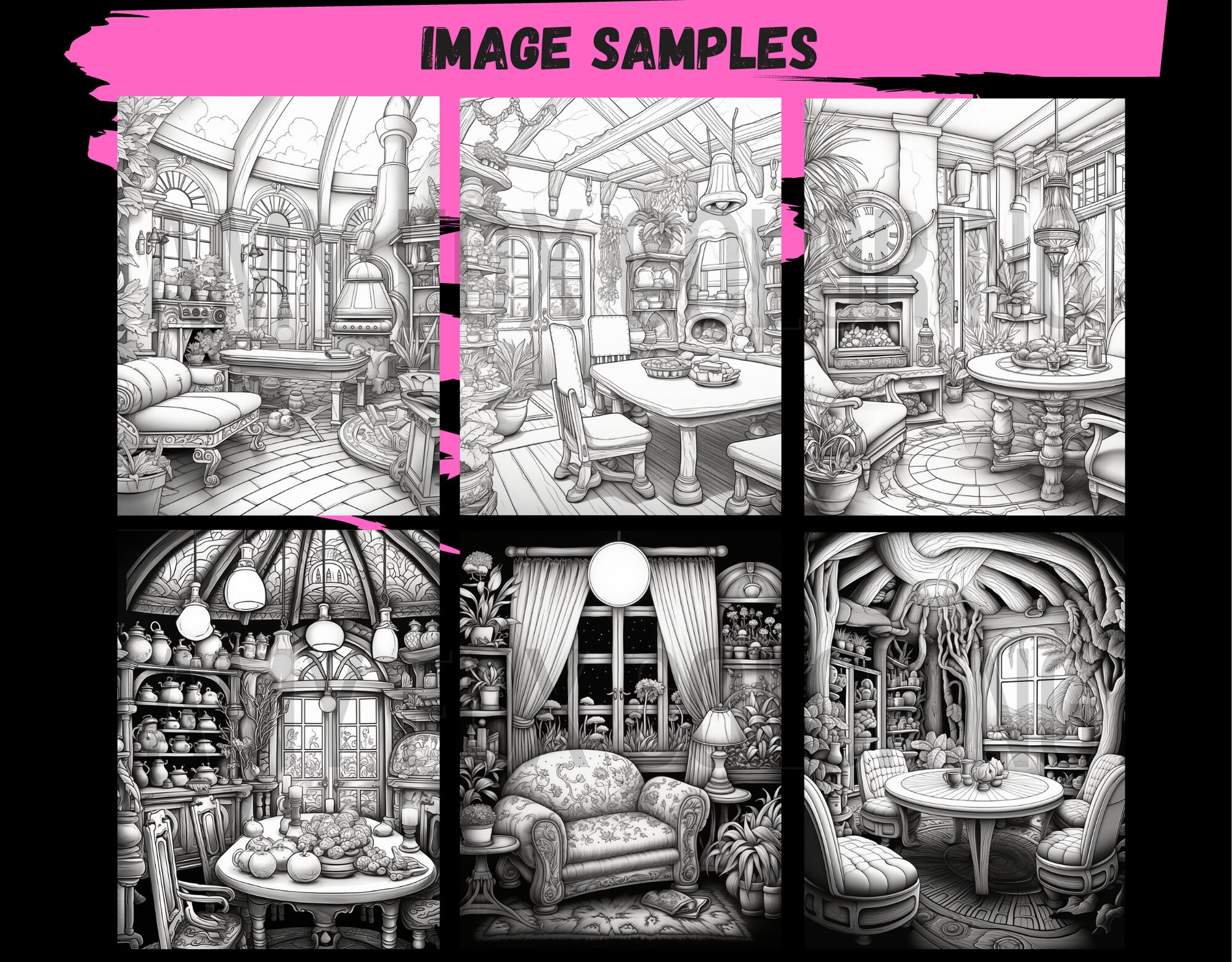 60 Fantasy Interior Coloring Pages, Adults Kids Digital Coloring Sheets ...