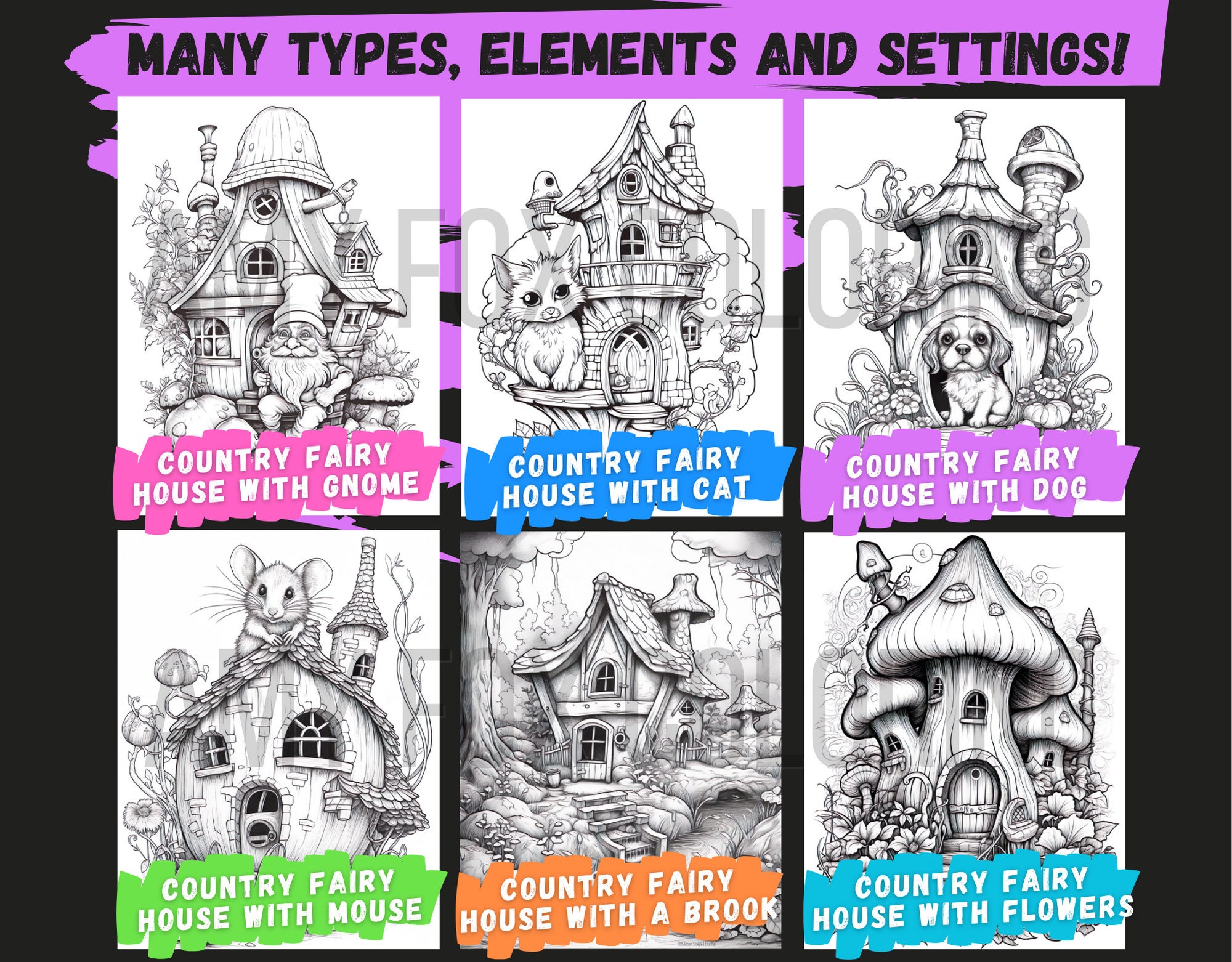 60 Country Fairy Houses Coloring Page, Adults Kids Digital Coloring ...