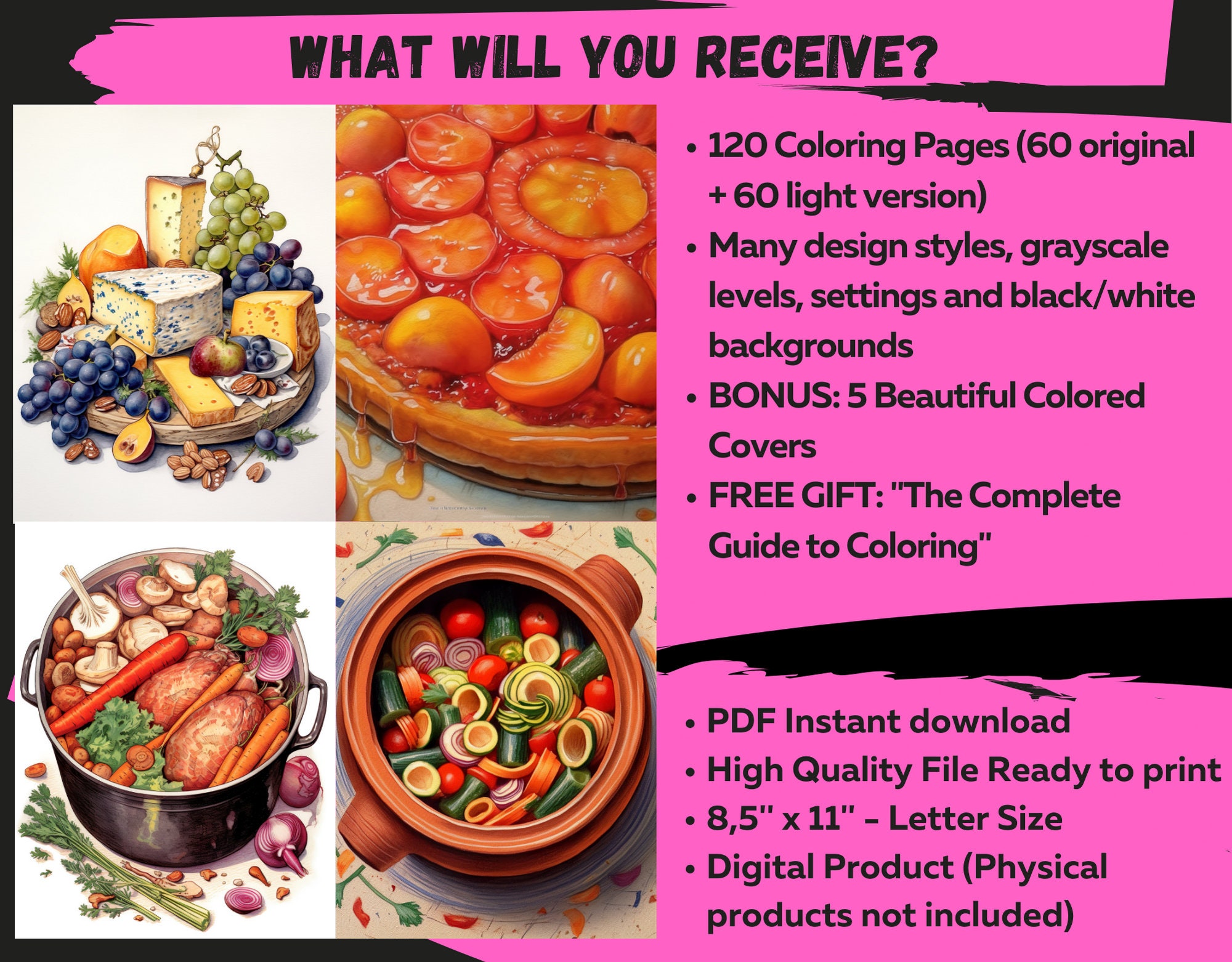 60 French Traditional Foods Coloring Pages, Adults Kids Digital ...