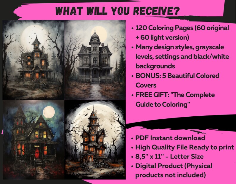 60 Haunted House Coloring Page, Adults Kids Digital Coloring Sheets ...