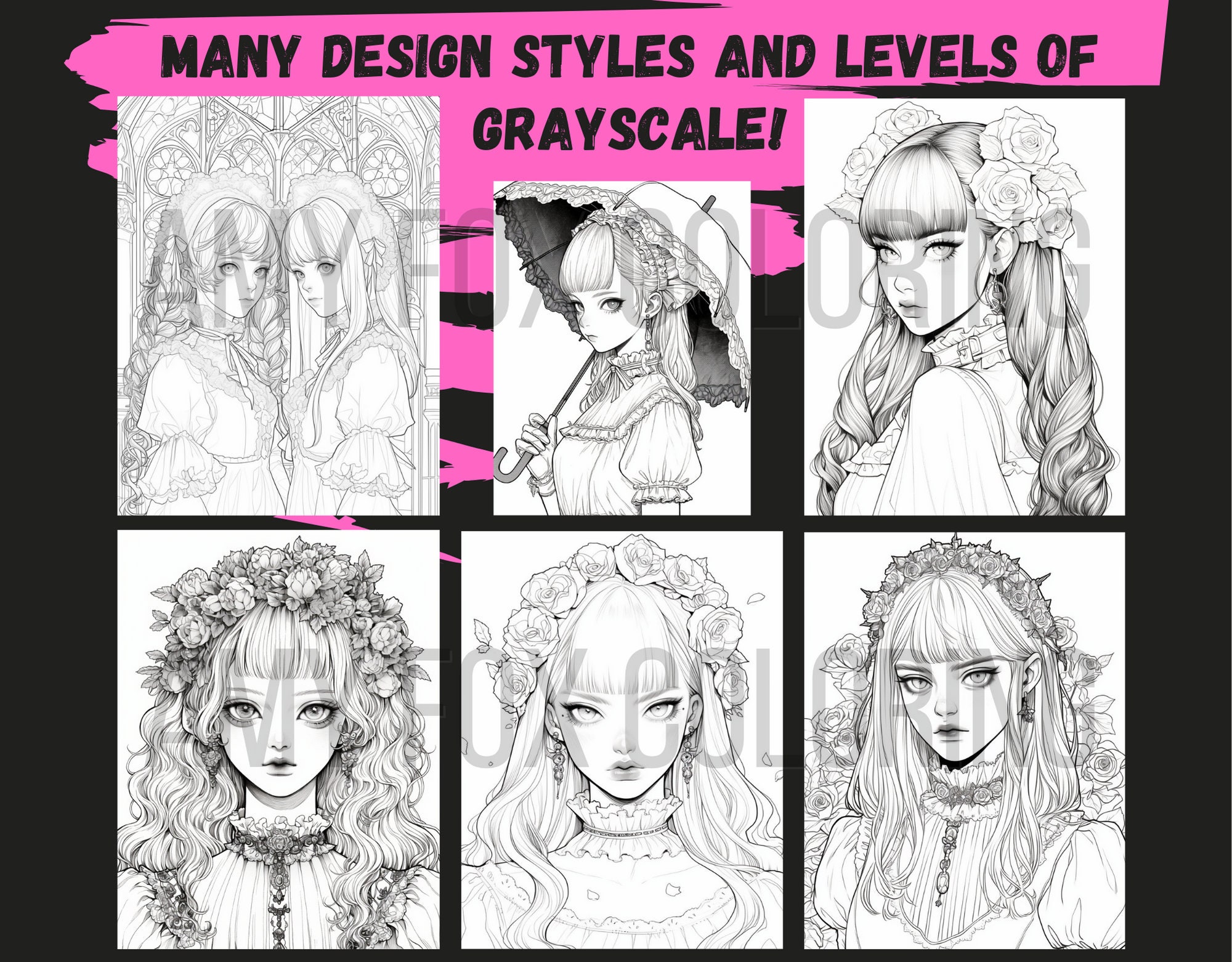 60 Gothic Girls Coloring Page, Adults Kids Digital Coloring Sheets ...