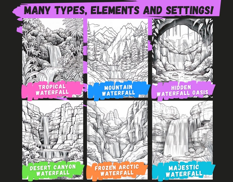 60 Realistic Waterfall Coloring Pages, Adults Kids Digital Coloring ...