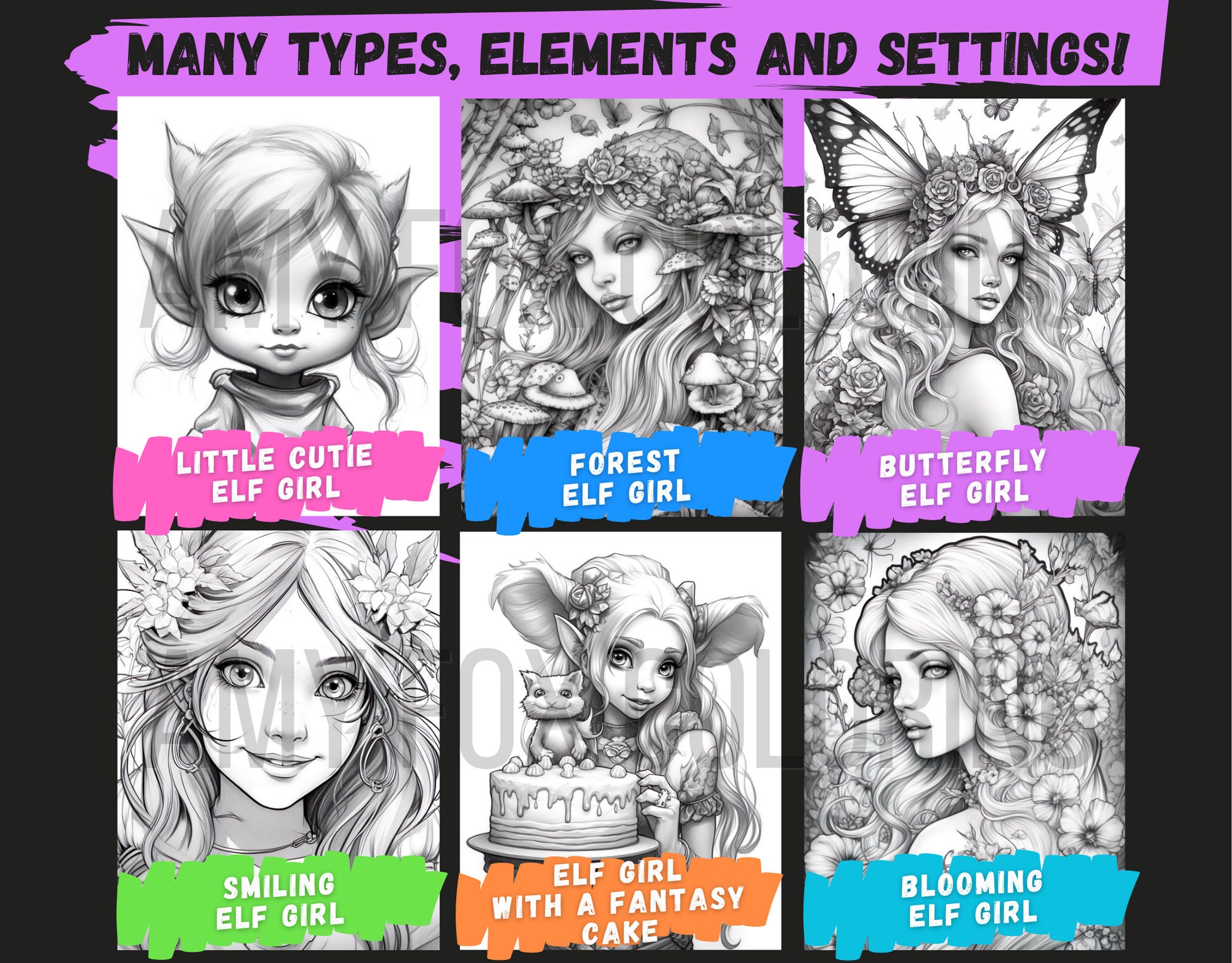 60 Fantasy Elf Girls Coloring Pages, Adults Kids Digital Coloring ...